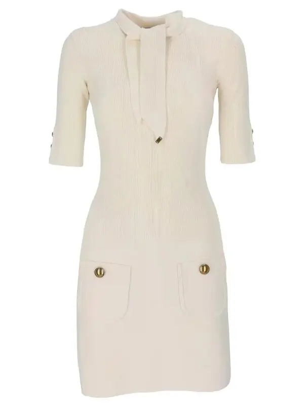 Elisabetta Franchi Ribbed Knit Mini Dress With Bow Detail - Neutrals
