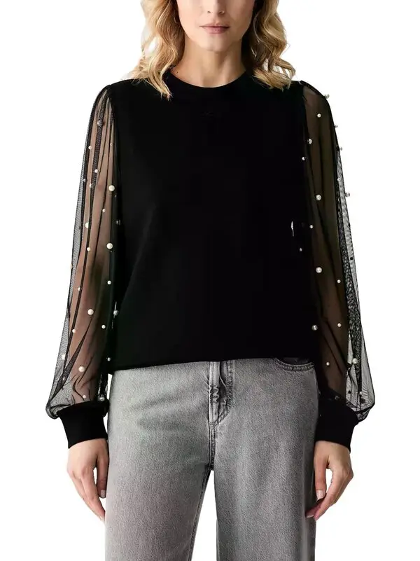 Karl Lagerfeld Faux-pearl Sheer-sleeve Top - Black