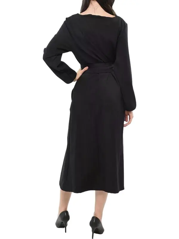 OBLÒ UNIQUE Long Sleeve Tie-waist Midi Dress - Black