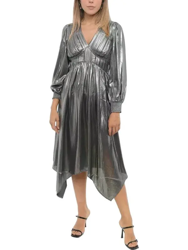 ALLSAINTS Estelle Asymmetric Metallic Midi Dress - Silver