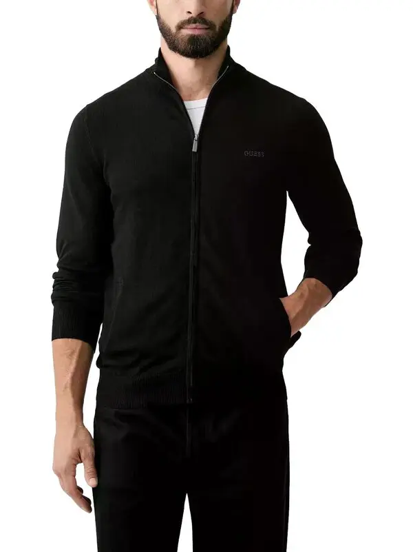 Guess Zip-up High Neck Embroidered Cardigan - Black