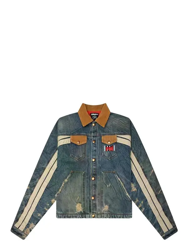RIVINGTON ROI REBIS Distressed Corduroy-trimmed Denim Jacket - Blue