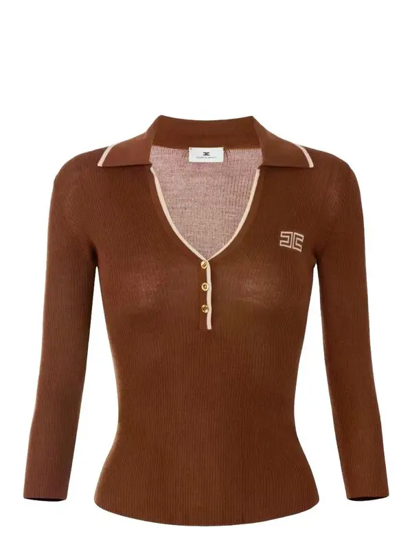 Elisabetta Franchi Ribbed-knit Polo Shirt With Sailor Collar - Brown