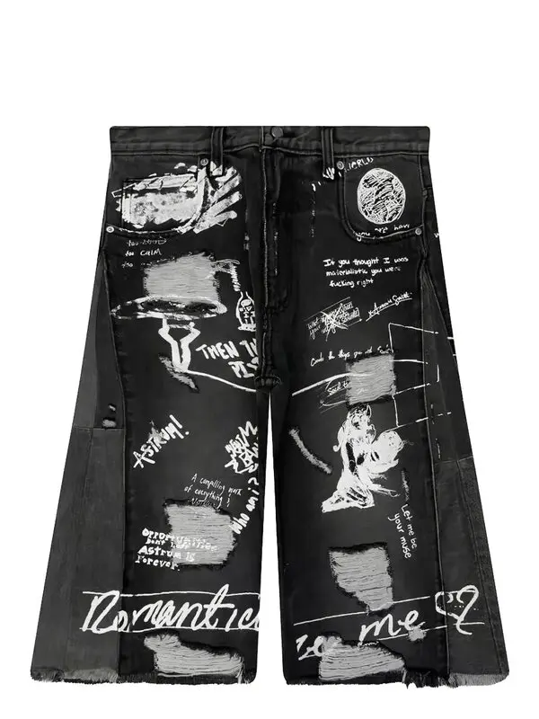 Astrum Graphic Print Denim Shorts - Black
