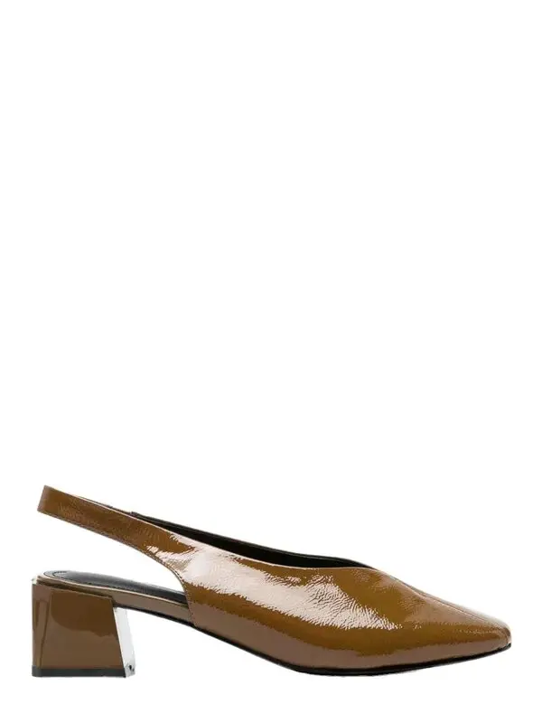LINDA BAUMANN Patent Leather Slingback Pumps With Square Toe And Mid Block Heel - Brown