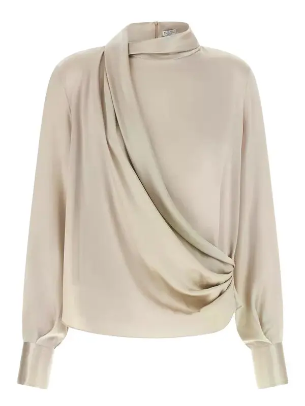Brunello Cucinelli Asymmetrical Draped High Neck Long Sleeve Blouse - Neutrals