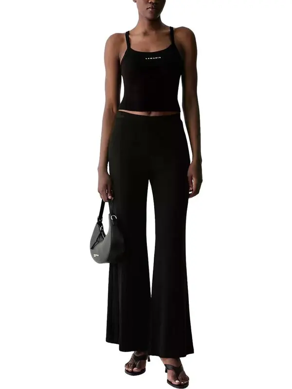 LA MANIA Ribbed Knit Logo Print Top - Black