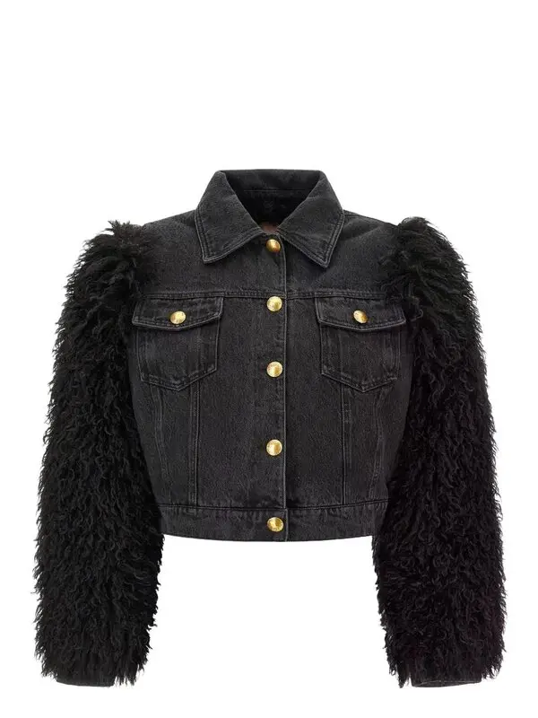 TWINSET Textured Sleeve Cropped Denim Jacket - Black
