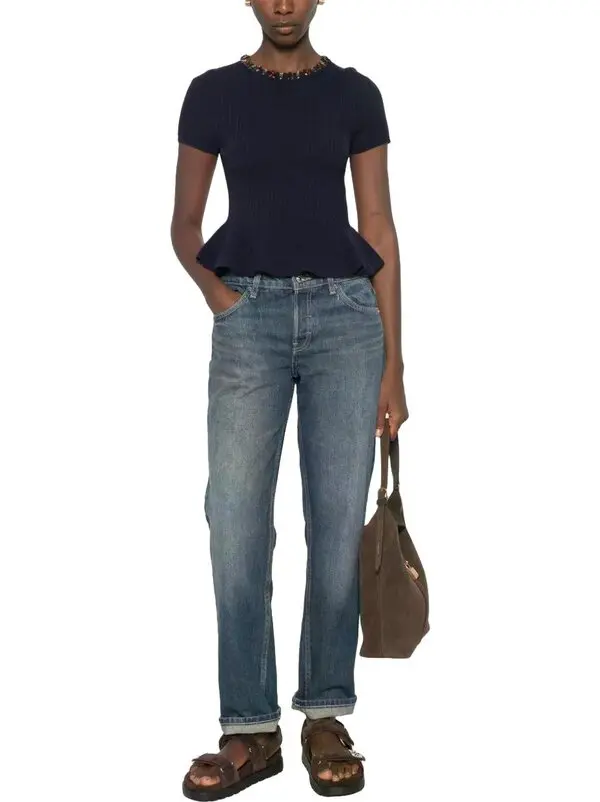 Sandro Crystal-embellished Ribbed Knit Peplum Top - Blue
