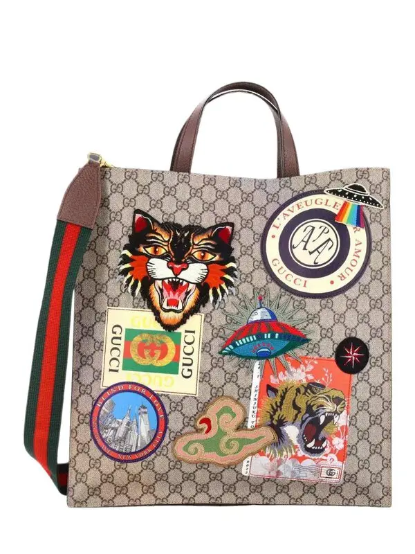 Gucci Gg Coated Canvas North South Tote Bag With Applique - Brown