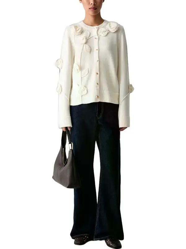 Farm Rio Floral Appliqué Button-up Cardigan - Neutrals