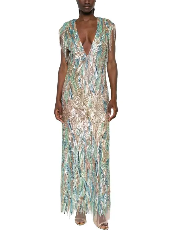 SIMONA CORSELLINI Sequin-embellished Fringed Maxi Dress - Blue