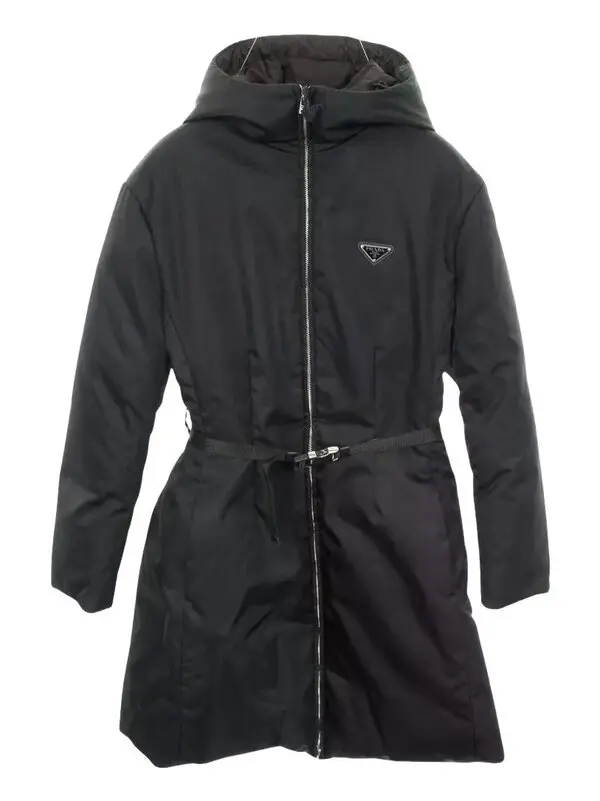 Prada Hooded Coat With Triangular Logo - Black