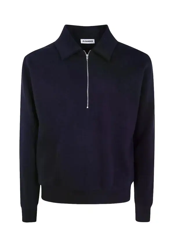 JIL SANDER Monogram Embroidered Polo Collar Sweatshirt - Blue
