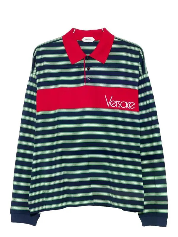 Versace Striped Logo-embroidered Polo Shirt - Blue