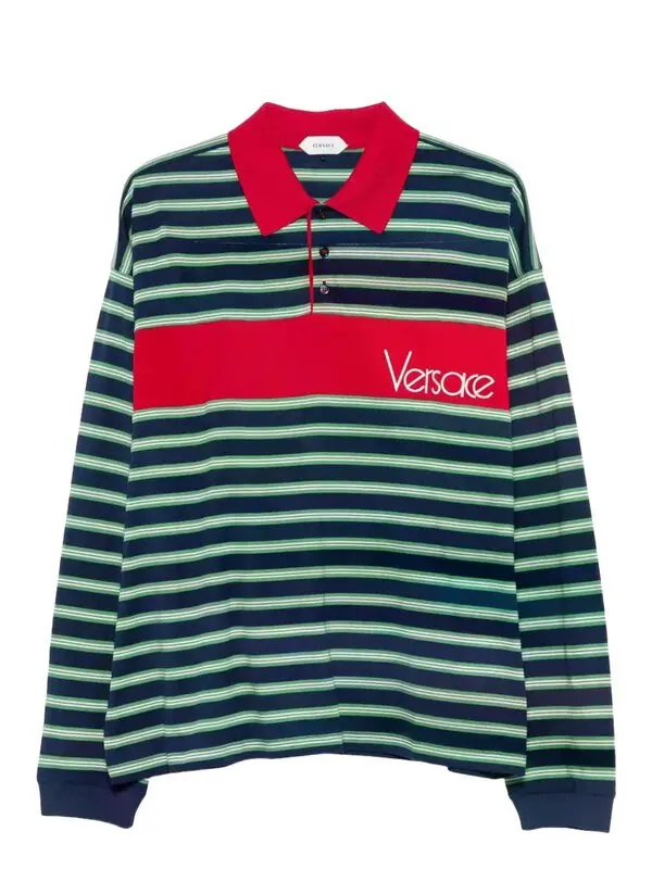 Versace Striped Logo-embroidered Polo Shirt - Blue