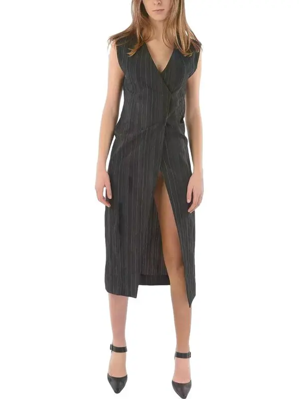 IXOS Sleeveless V-neck Pinstriped Midi Dress With Front Slit - Grey