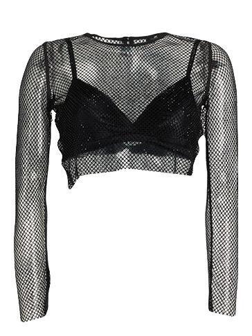 Elisabetta Franchi Fishnet Crystal Embellished Crewneck Long Sleeve Top - Black