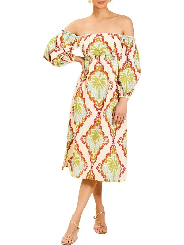 Mestiza New York Benny Smocked Off-shoulder Midi Dress In Cotton/linen - Multicolor