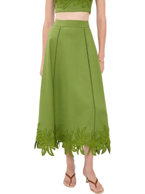 English Factory Palm Tree Embroidered Midi Skirt - Green