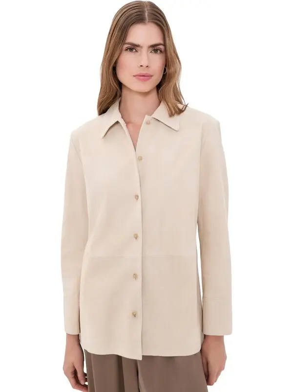 Vince Suede Paneled Button Down Shirt - Sand Beige