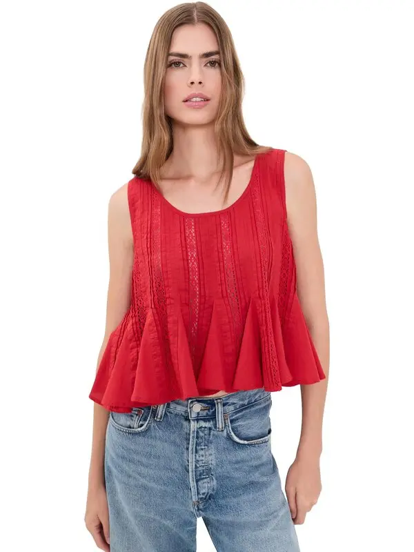 Sea Pippa Blouse Pintucked & Crocheted Cotton Sleeveless Top - Red