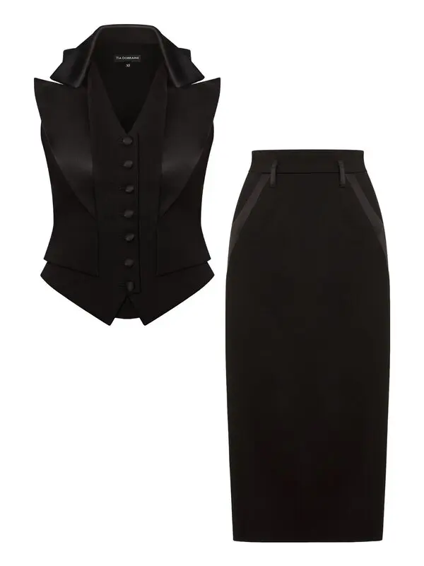 TIA DORRAINE Single-breasted Waistcoat & Pencil Skirt Set - Black