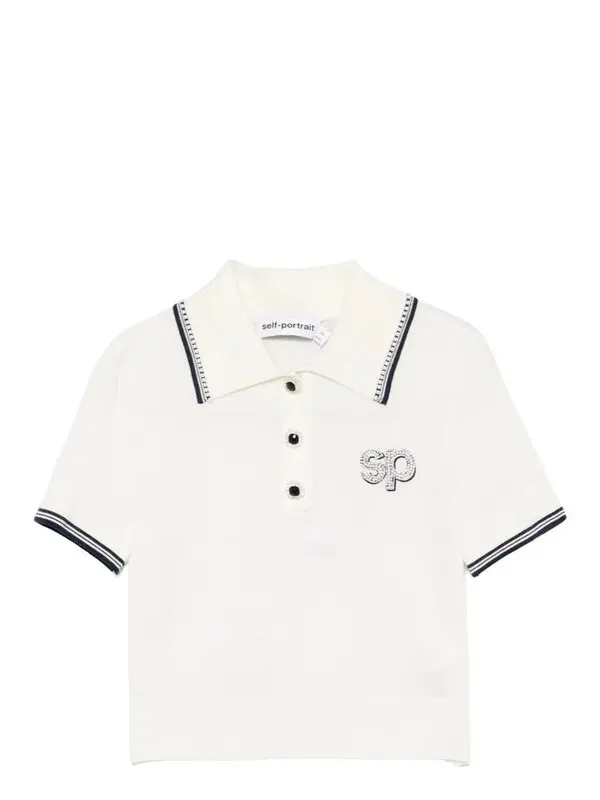 SELF-PORTRAIT Cropped Knit Polo Top With Branded Patch - Cream