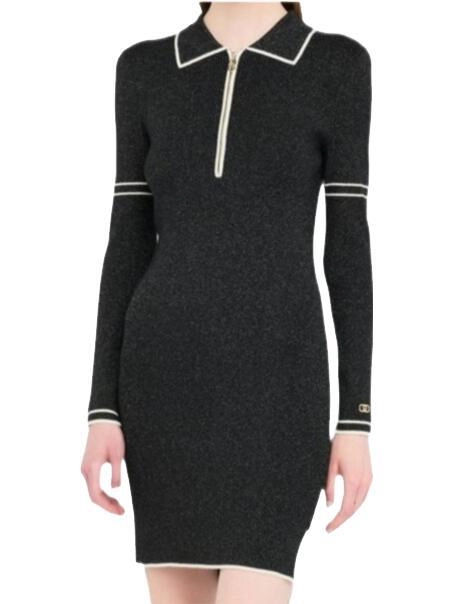 Liu Jo Ribbed Knit Polo Collar Zip Dress With Striped Sleeves - Black