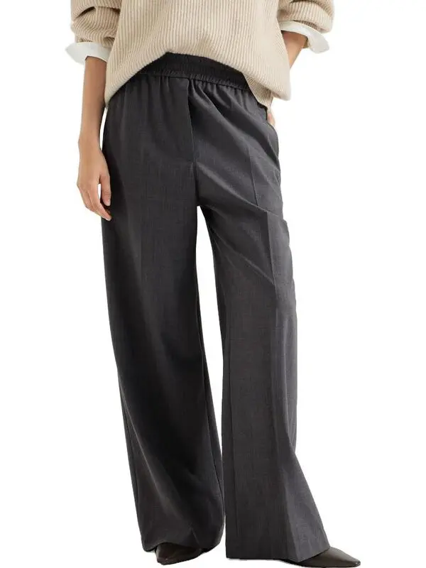 Brunello Cucinelli Tropical Luxury Wool Loose Track Trousers - Lignite Grey