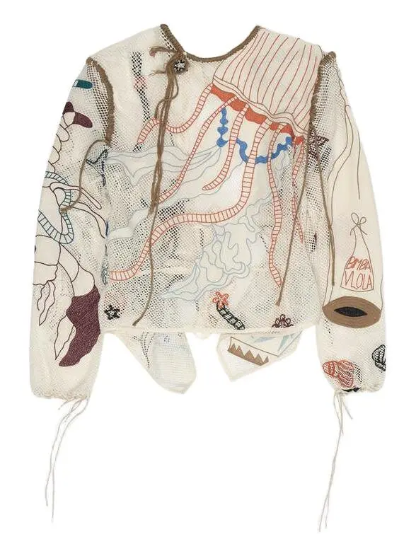 Bimba Y Lola Mesh Top With Jellyfish Print And Bow Detail - Ecru