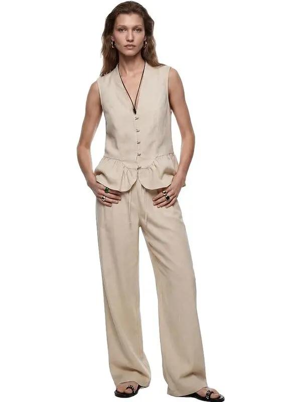 Koton Drawstring Waist Wide Leg Trousers - Beige
