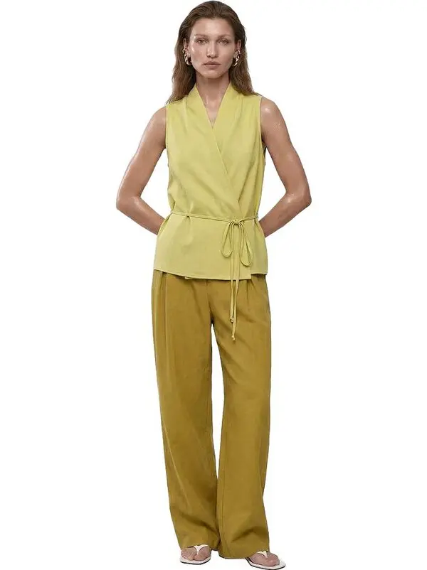 Koton Linen Blend Halter Neck Wrap Blouse With Tie Detail - Green