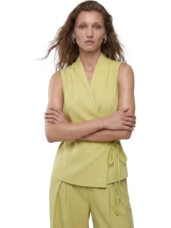 Koton Linen Blend Halter Neck Wrap Blouse With Tie Detail - Green