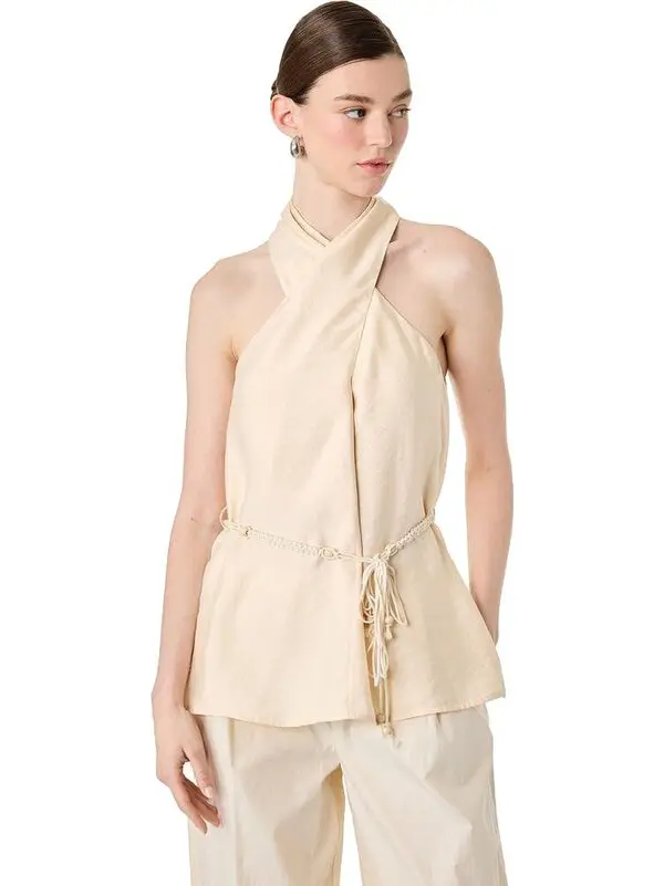 Koton Twisted Halter Neck Top With Belt Detail - Beige