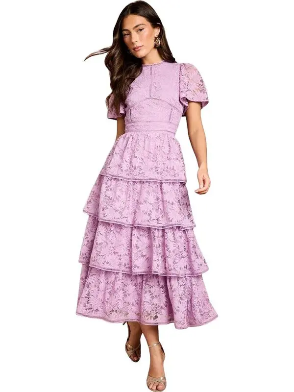 Coast Tiered Lace Flutter Sleeve Midi Dress - Lilac