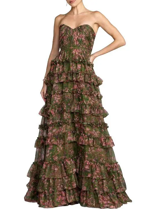 Mac Duggal Strapless Tiered Ruffle Ball Gown - Green Multi