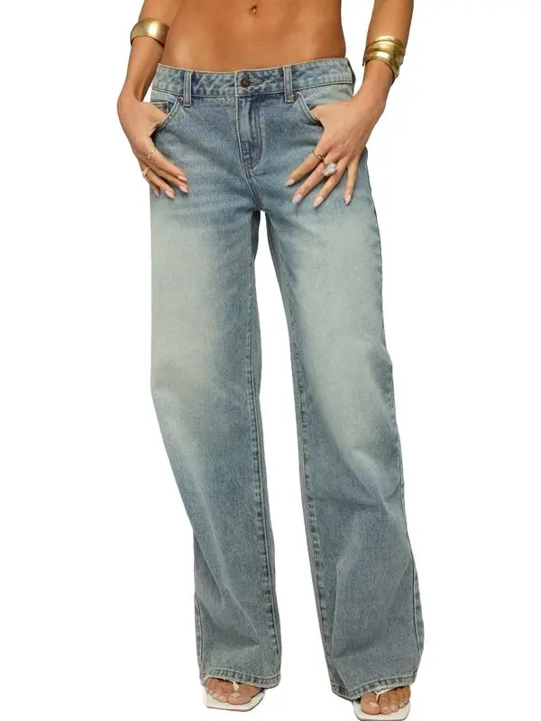 EDIKTED Raelynn Washed Low Rise Baggy Wide Leg Jeans - Tidal-blue