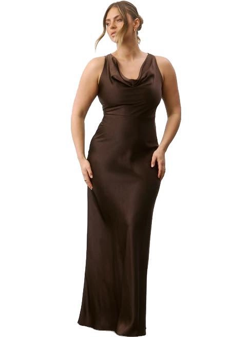 SIX STORIES Cowl Neck Satin Maxi Dress - Chocolate