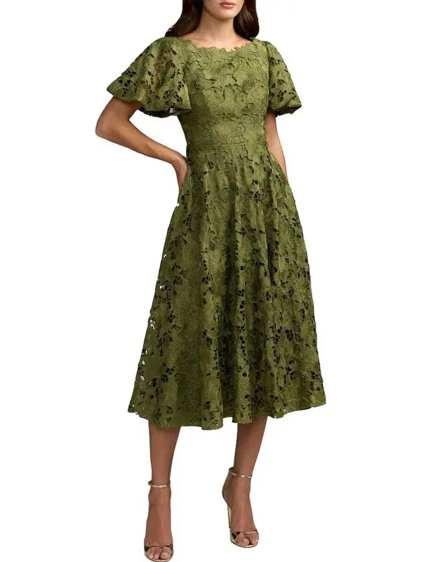 Mac Duggal Floral Lace Flutter Sleeve Midi Dress - Olive
