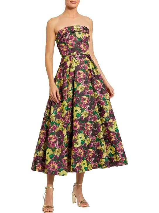 Mac Duggal Strapless Floral Brocade A-line Midi Dress - Plum Multi