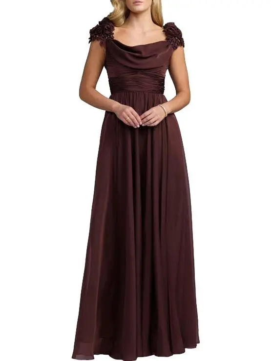 Mac Duggal Chiffon Cowl Neck Embellished Cap Sleeve Gown - Amethyst