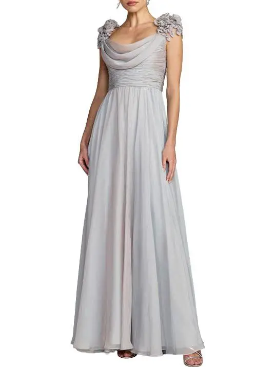 Mac Duggal Chiffon Embellished Cowl Neck Gown - Platinum