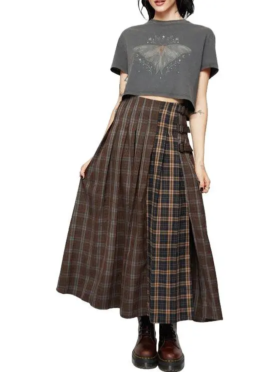 DISTURBIA Pleated Check Buckle Maxi Skirt - Brown