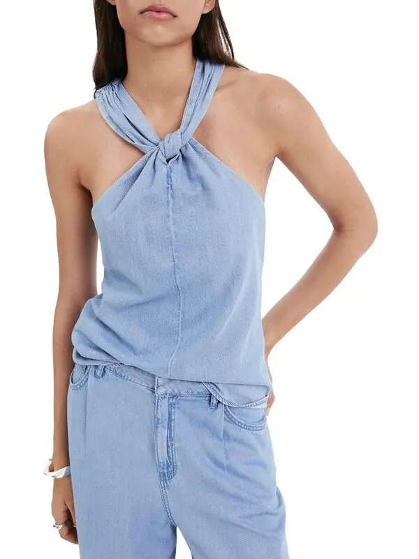 Mango Halter Neck Denim Top - Light Blue