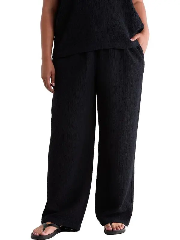 Eileen Fisher Crinkled Organic Cotton Drawstring Wide Leg Pants - Black