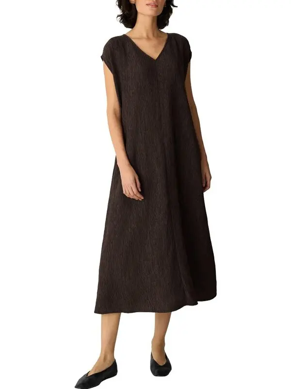 Eileen Fisher V-neck Crinkle Midi Dress - Truffle