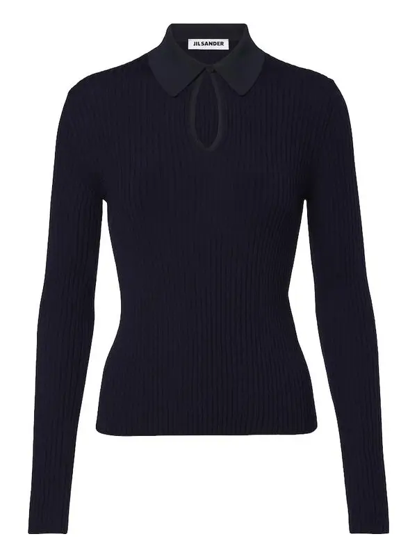 JIL SANDER Cutout Ribbed-knit Wool Polo Sweater - Blue