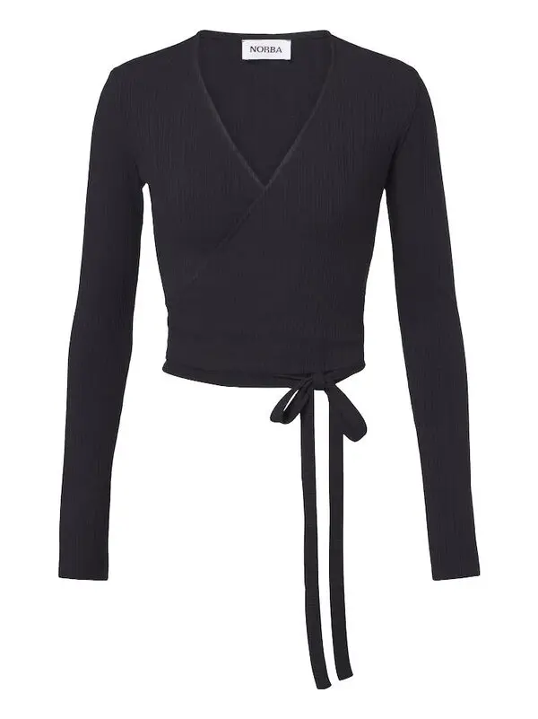 NORBA Ribbed Knit Wrap Top - Black