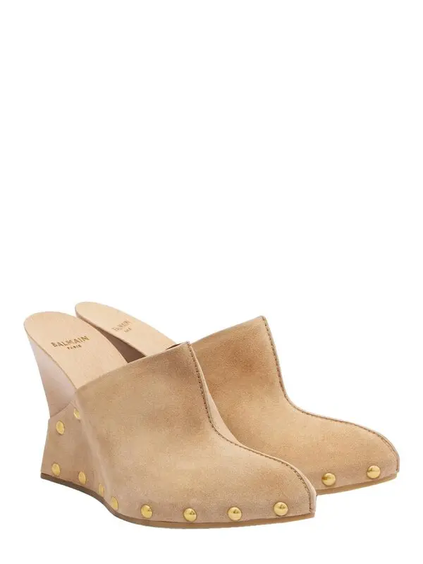 Balmain Suede Wedge Clogs - Beige
